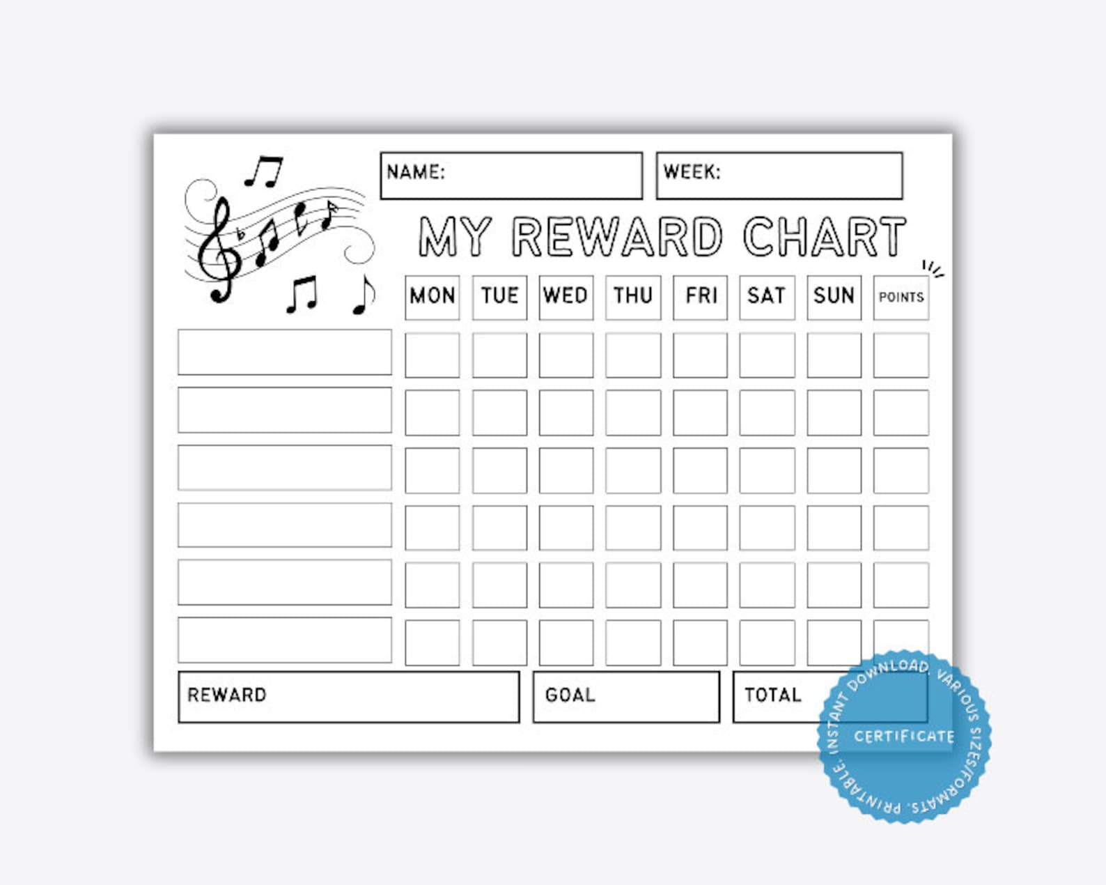Printable Music Reward Chart, Music Practice Chart, Kids Reward Chart ...
