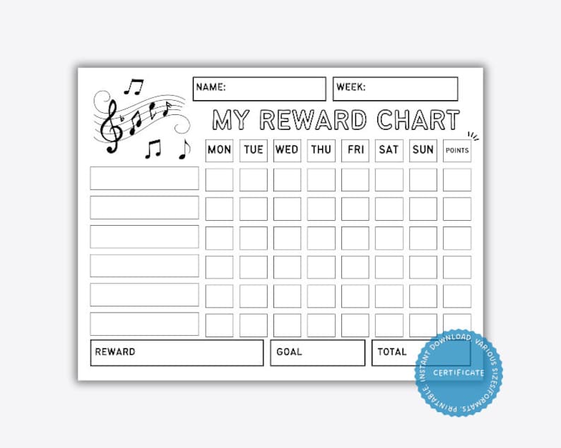 Printable Music Reward Chart, Music Practice Chart, Kids Reward Chart ...