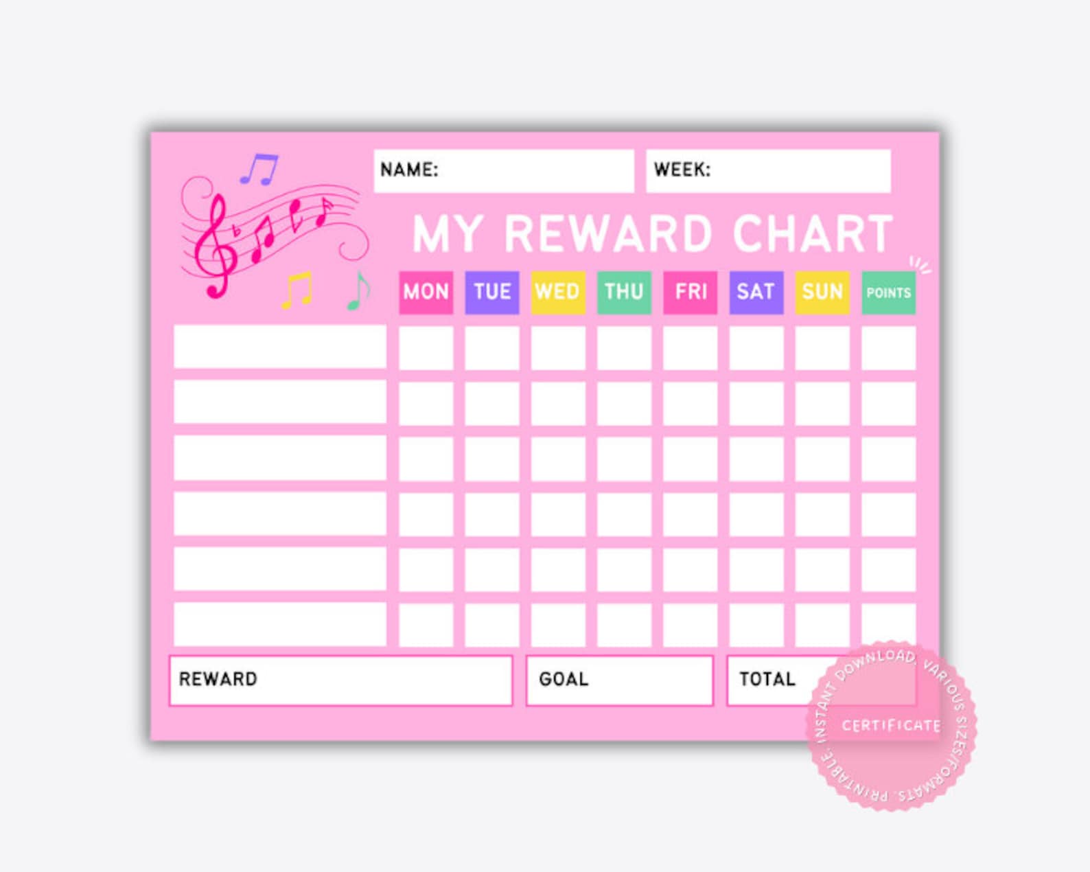Printable Music Reward Chart, Music Practice Chart, Kids Reward Chart ...
