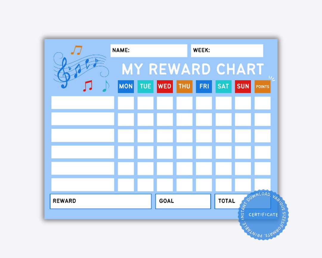 Printable Music Reward Chart, Music Practice Chart, Kids Reward Chart ...