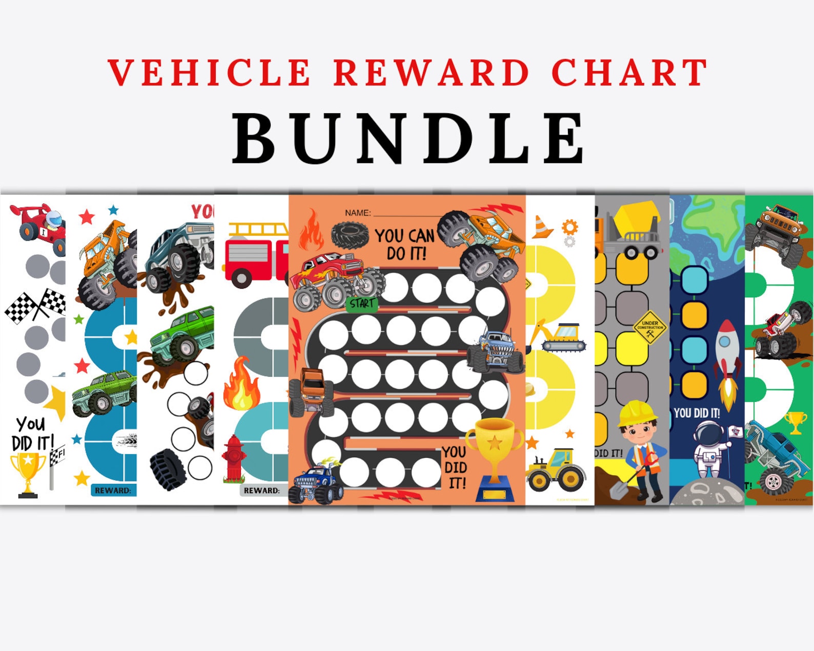 Vehicle Reward Chart Bundle, Monster Truck, Firetruck, Rocket, Dump ...