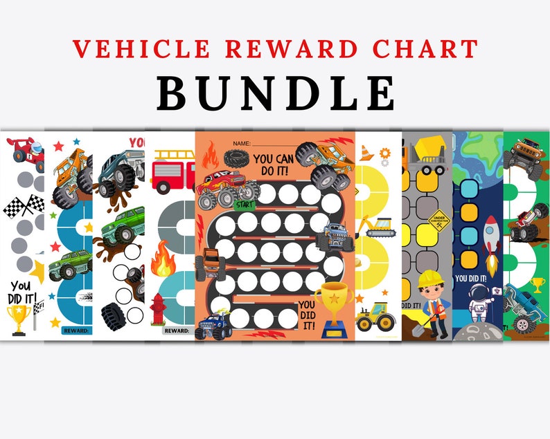 Vehicle Reward Chart Bundle, Monster Truck, Firetruck, Rocket, Dump ...