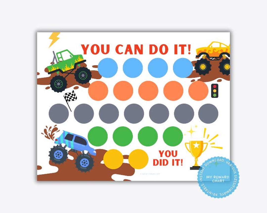 Printable Monster Truck Reward Chart, Sticker Chart, Habit Tracker ...