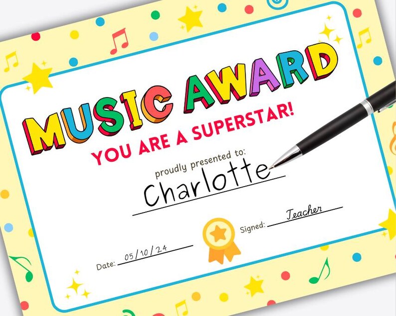 Kids Music Award Certificate Printable: Classroom Achievement (PDF) - Etsy