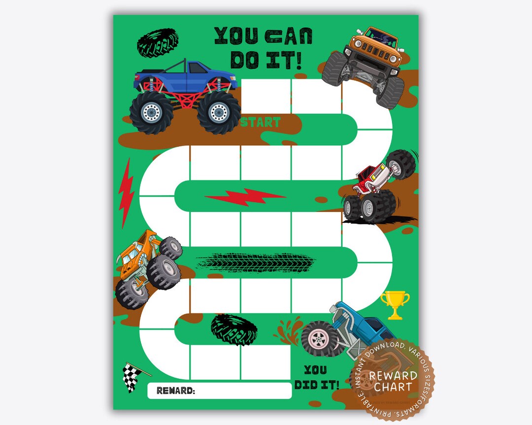 Monster Truck Reward Chart for Boys, Boys Potty Training Chart, Big ...