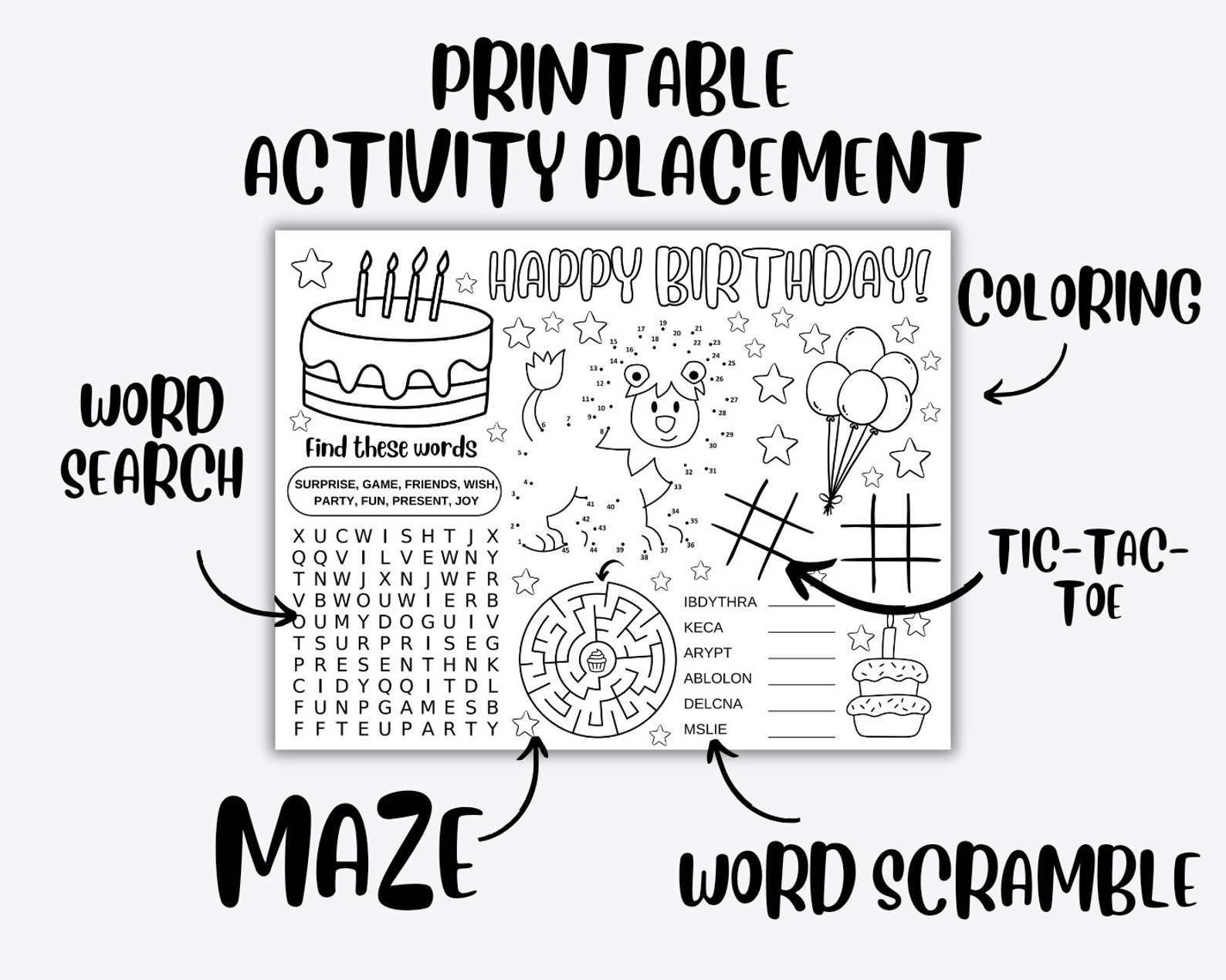 Printable Birthday Activity Placemat, Kids Coloring Mat, Birthday ...