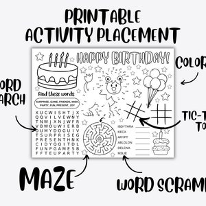Printable Birthday Activity Placemat, Kids Coloring Mat, Birthday ...