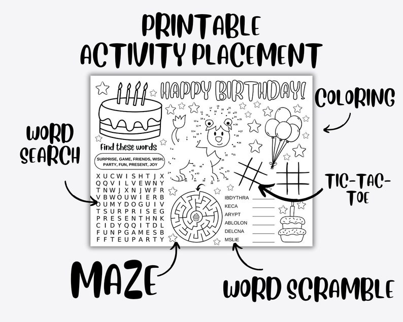 Printable Birthday Activity Placemat, Kids Coloring Mat, Birthday ...
