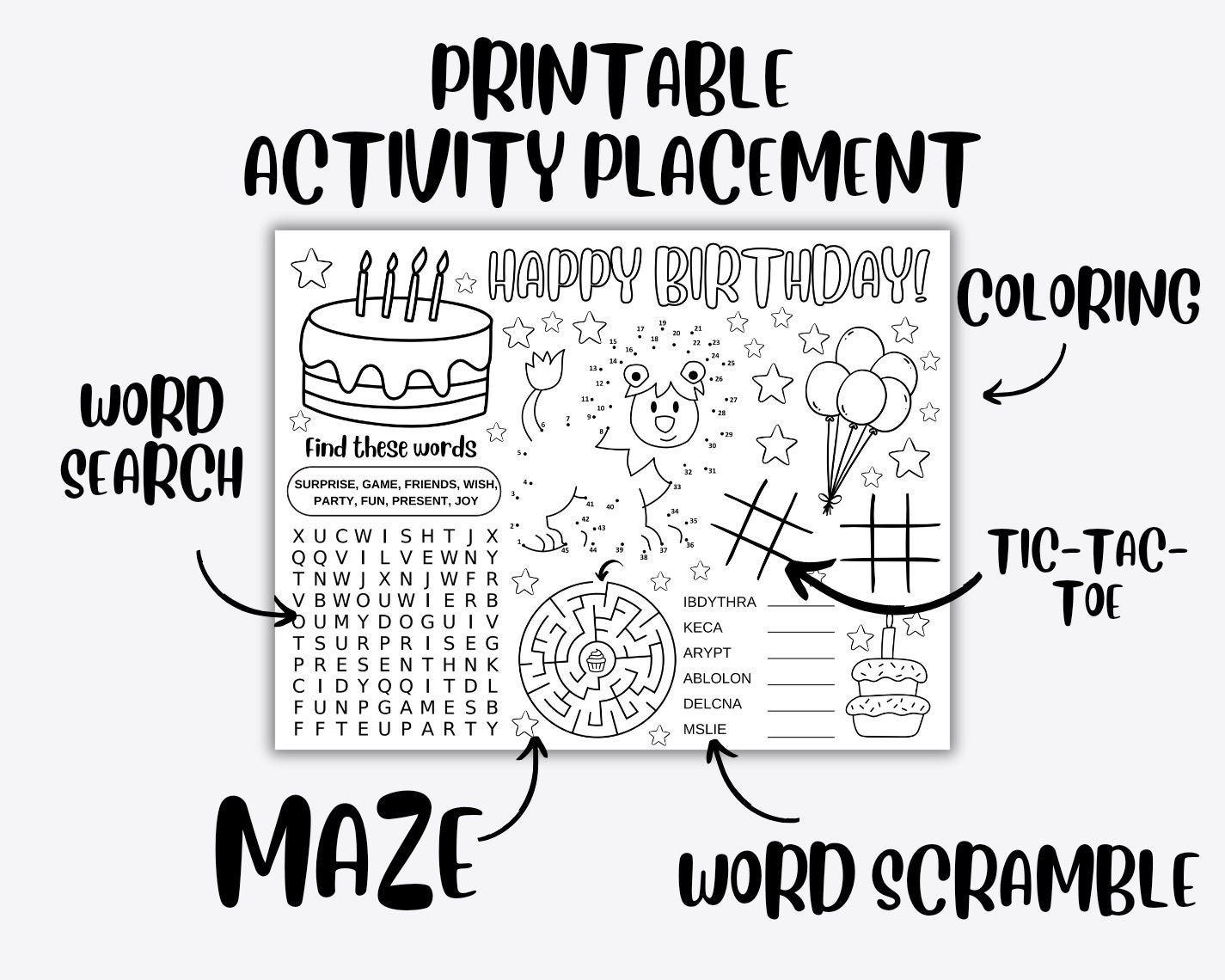 Printable Birthday Activity Placemat, Kids Coloring Mat, Birthday ...