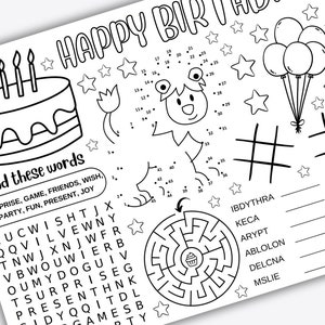 Printable Birthday Activity Placemat, Kids Coloring Mat, Birthday ...