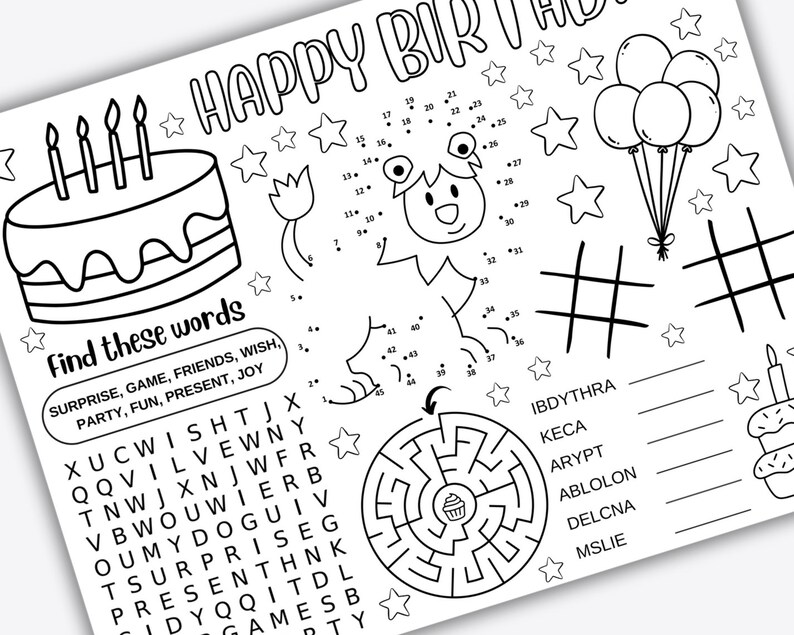 Printable Birthday Activity Placemat: Kids Coloring Mat (PDF) - Etsy