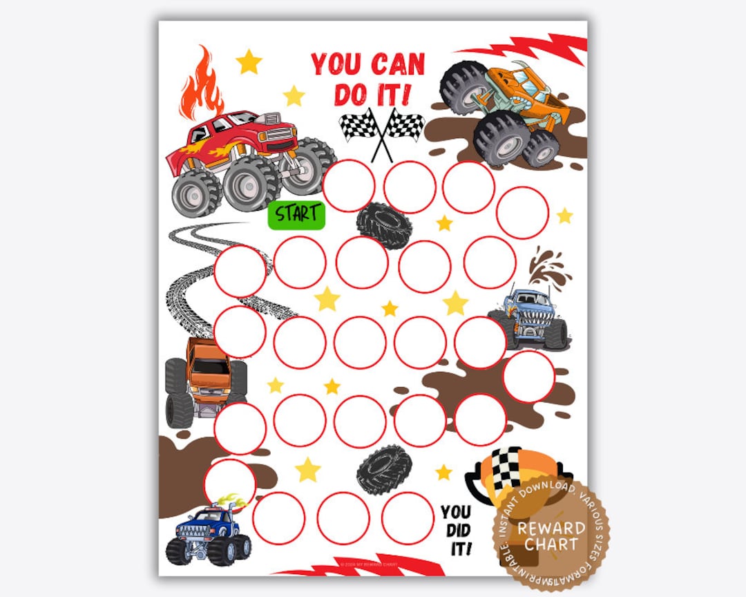 Printable Monster Truck Reward Chart for Boys, Monster Truck Sticker ...
