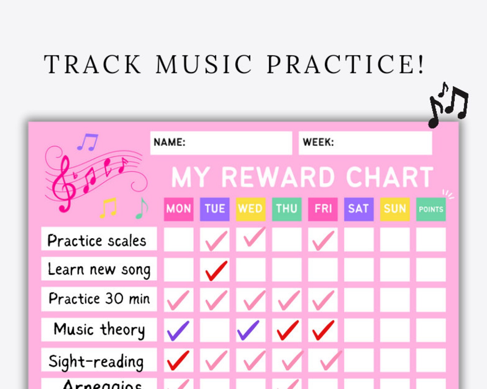 Printable Music Reward Chart, Music Practice Chart, Kids Reward Chart ...