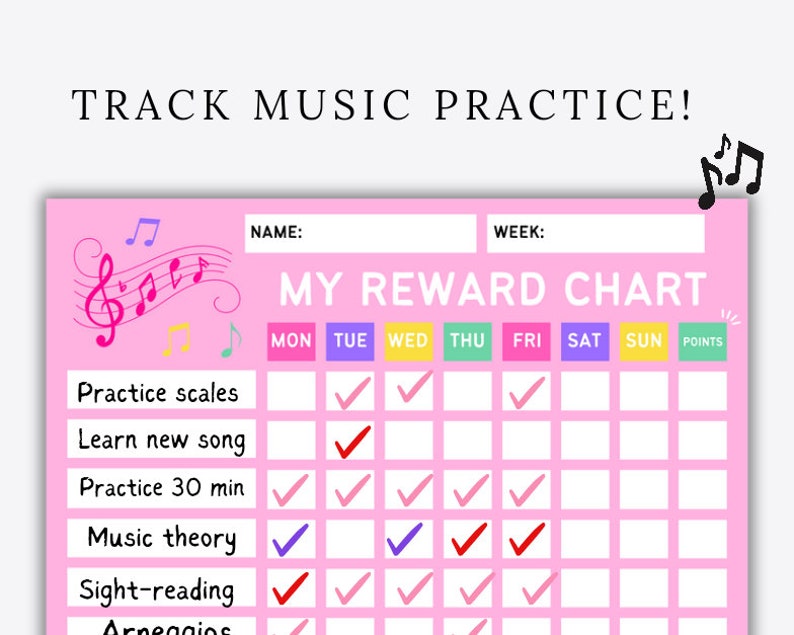 Printable Music Reward Chart, Music Practice Chart, Kids Reward Chart ...