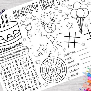Printable Birthday Activity Placemat, Kids Coloring Mat, Birthday ...