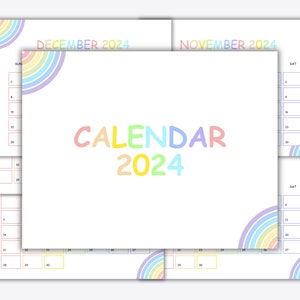 Printable Rainbow Calendar 2024, Cute Printable Calendar, Rainbow ...