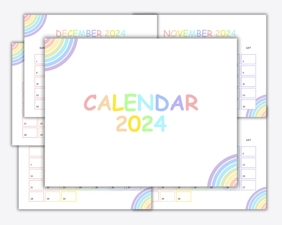 Printable Rainbow Calendar 2024, Cute Printable Calendar, Rainbow ...