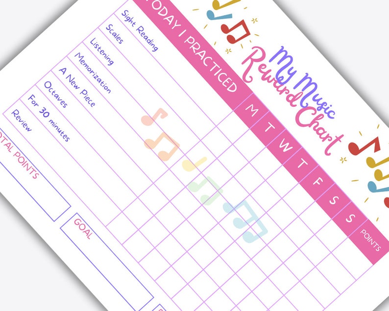 Printable Music Practice Reward Chart for Kids - Piano, Violin, Guitar ...
