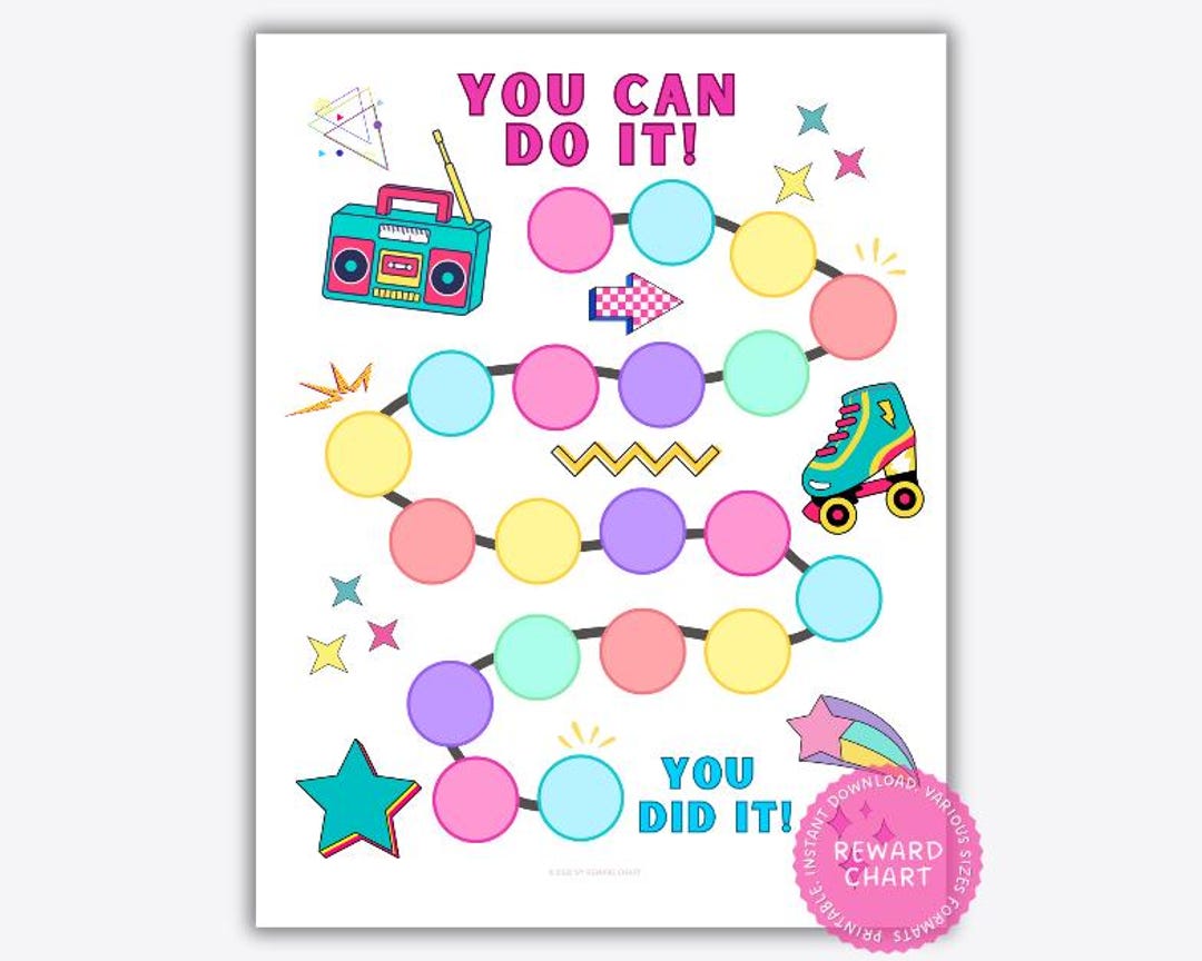 90s Retro Roller Skate Reward Chart Printable, Workout Habit Tracker ...