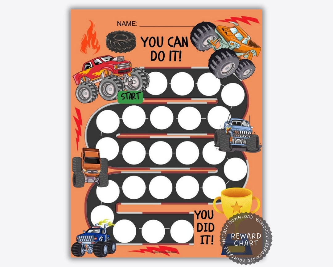 Printable Monster Truck Reward Chart, Big Cars Kids Behavior Chart ...