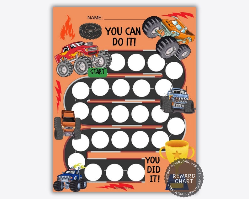Printable Monster Truck Reward Chart, Big Cars Kids Behavior Chart ...