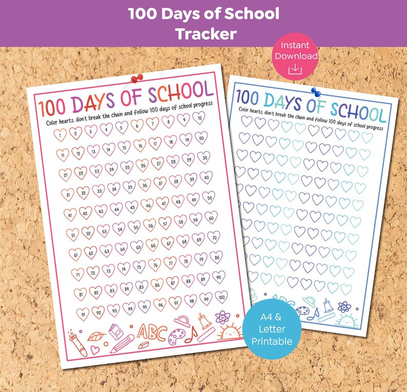100 Days of School Tracker Printable Tracker for Kids 100 Days of Challenge Tracker - Etsy