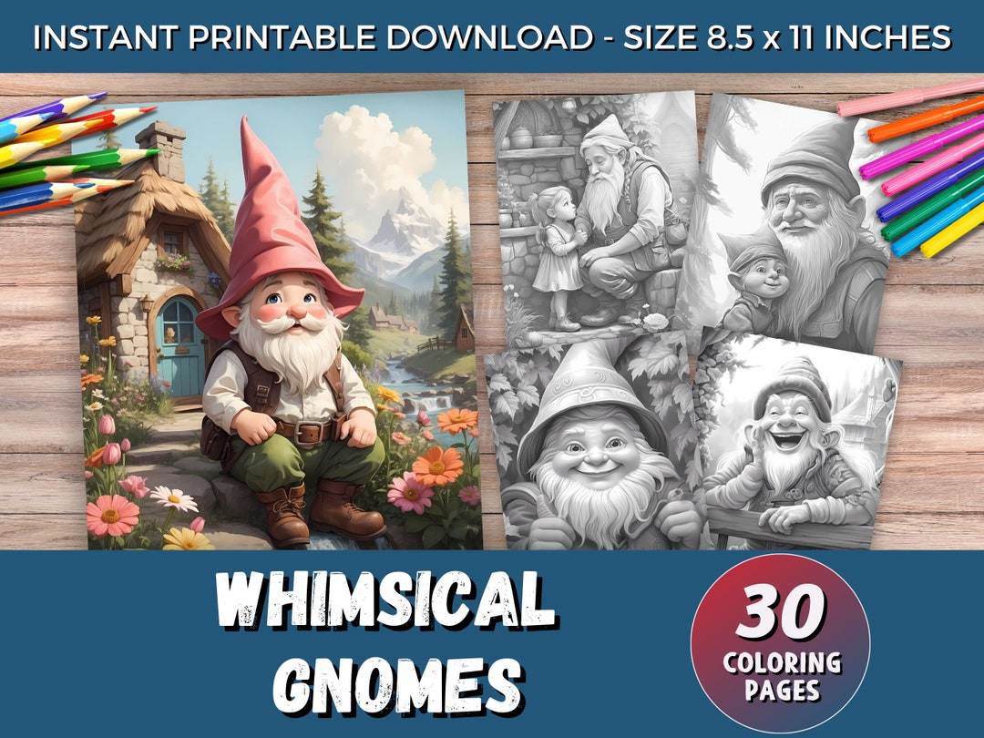 Whimsical Gnomes Coloring Book, 30 Greyscale Coloring Pages, Instant ...
