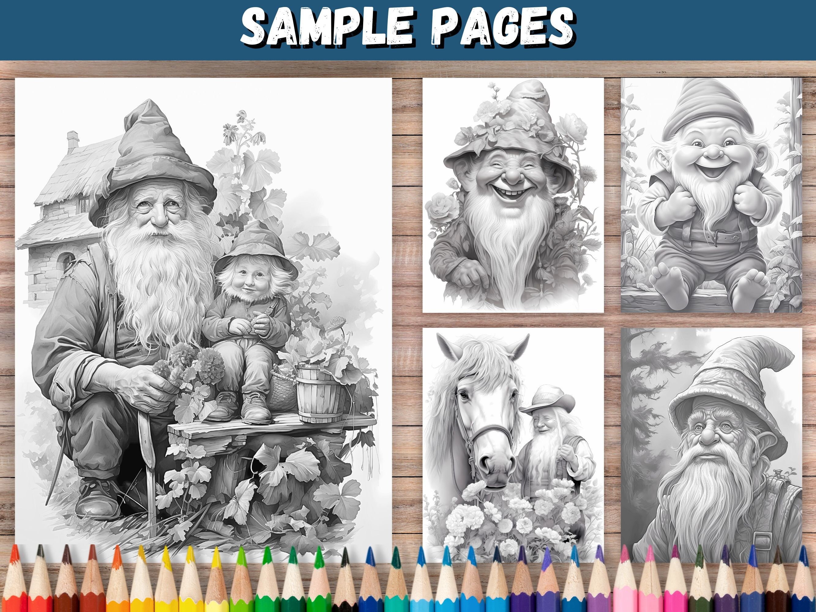 Whimsical Gnomes Coloring Book, 30 Greyscale Coloring Pages, Instant ...