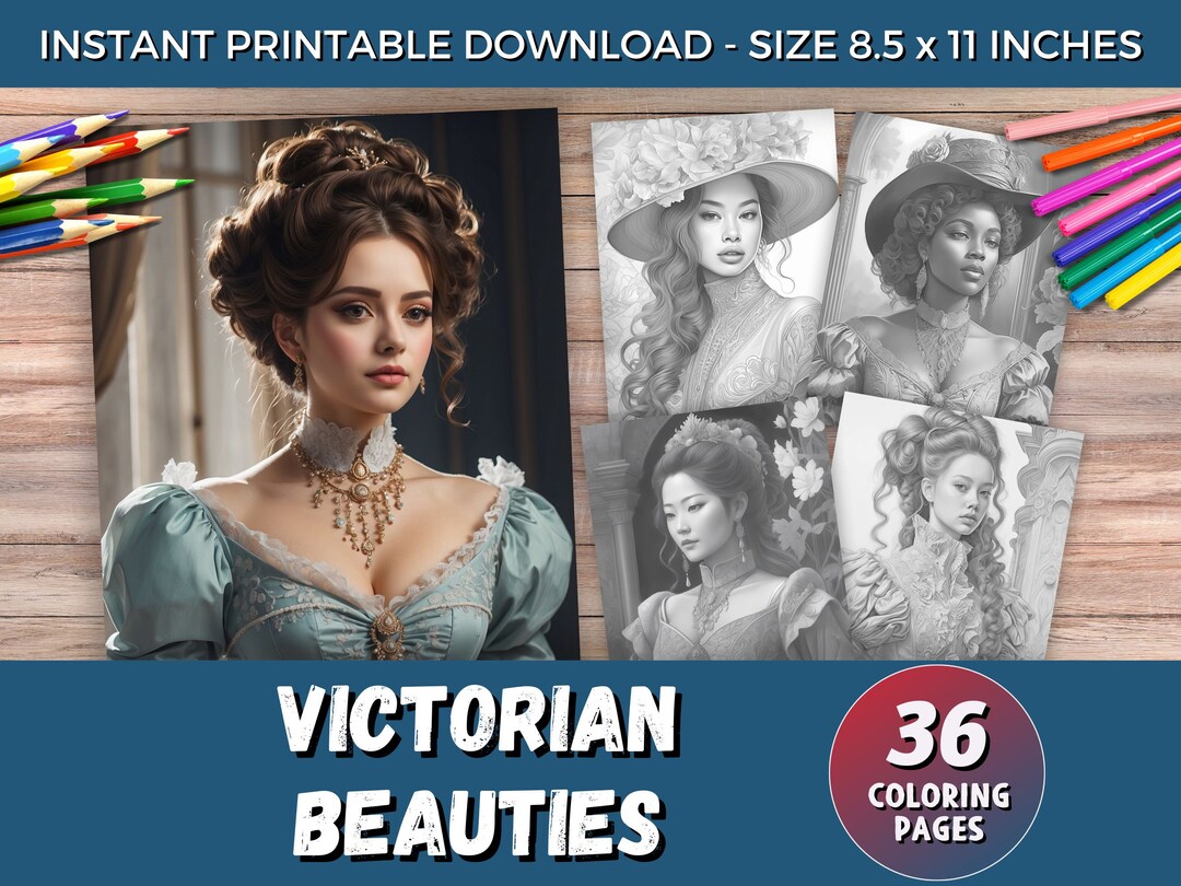 Victorian Beauties Coloring Book , 36 Greyscale Coloring Pages, Instant ...