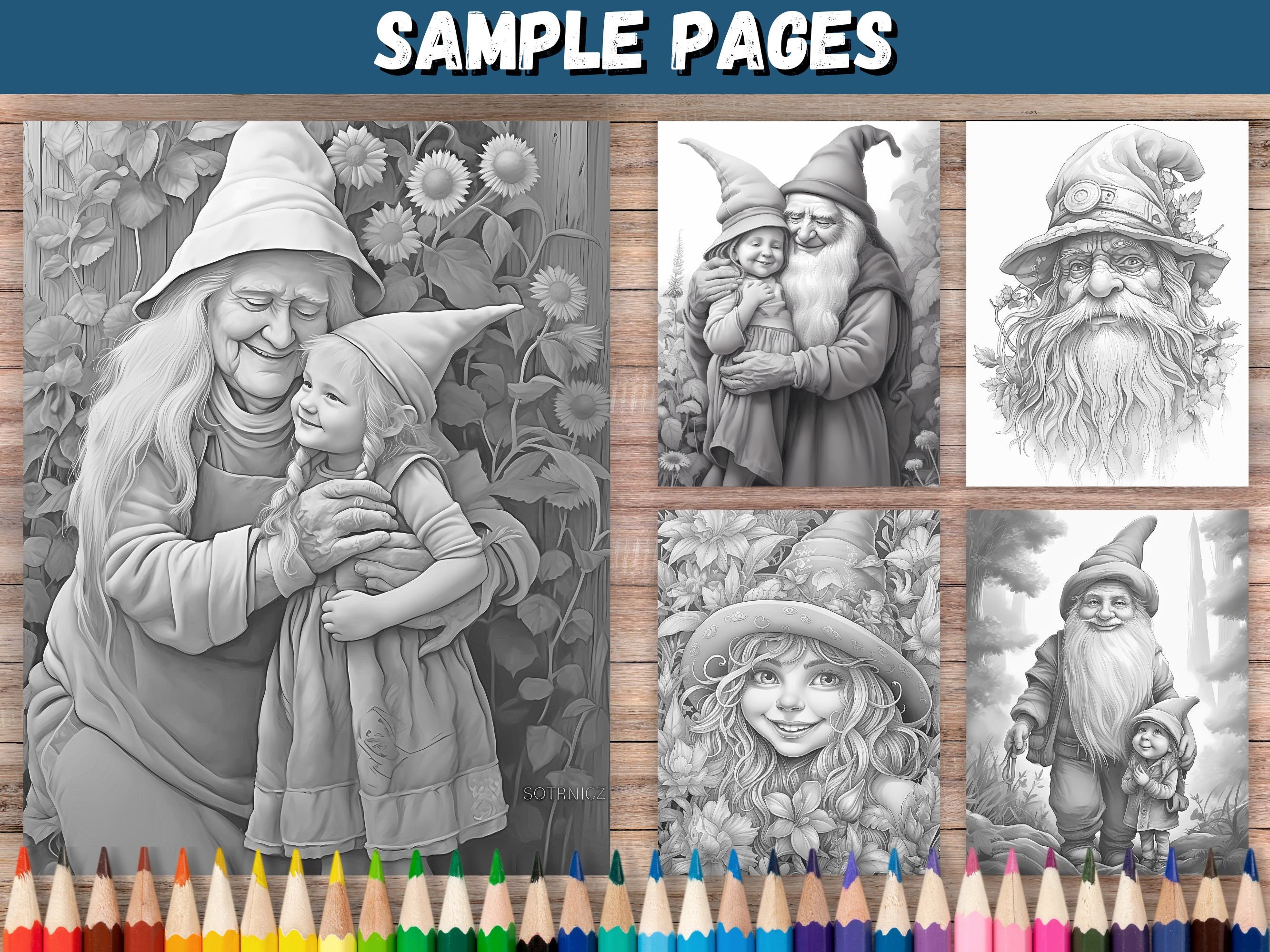 Whimsical Gnomes Coloring Book, 30 Greyscale Coloring Pages, Instant ...