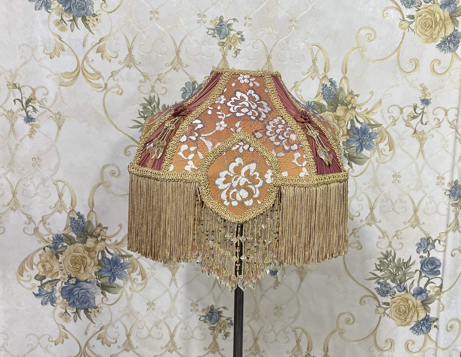 Orange Lace Lampshade: Victorian Style Silk Shade With Beaded Fringe - Etsy