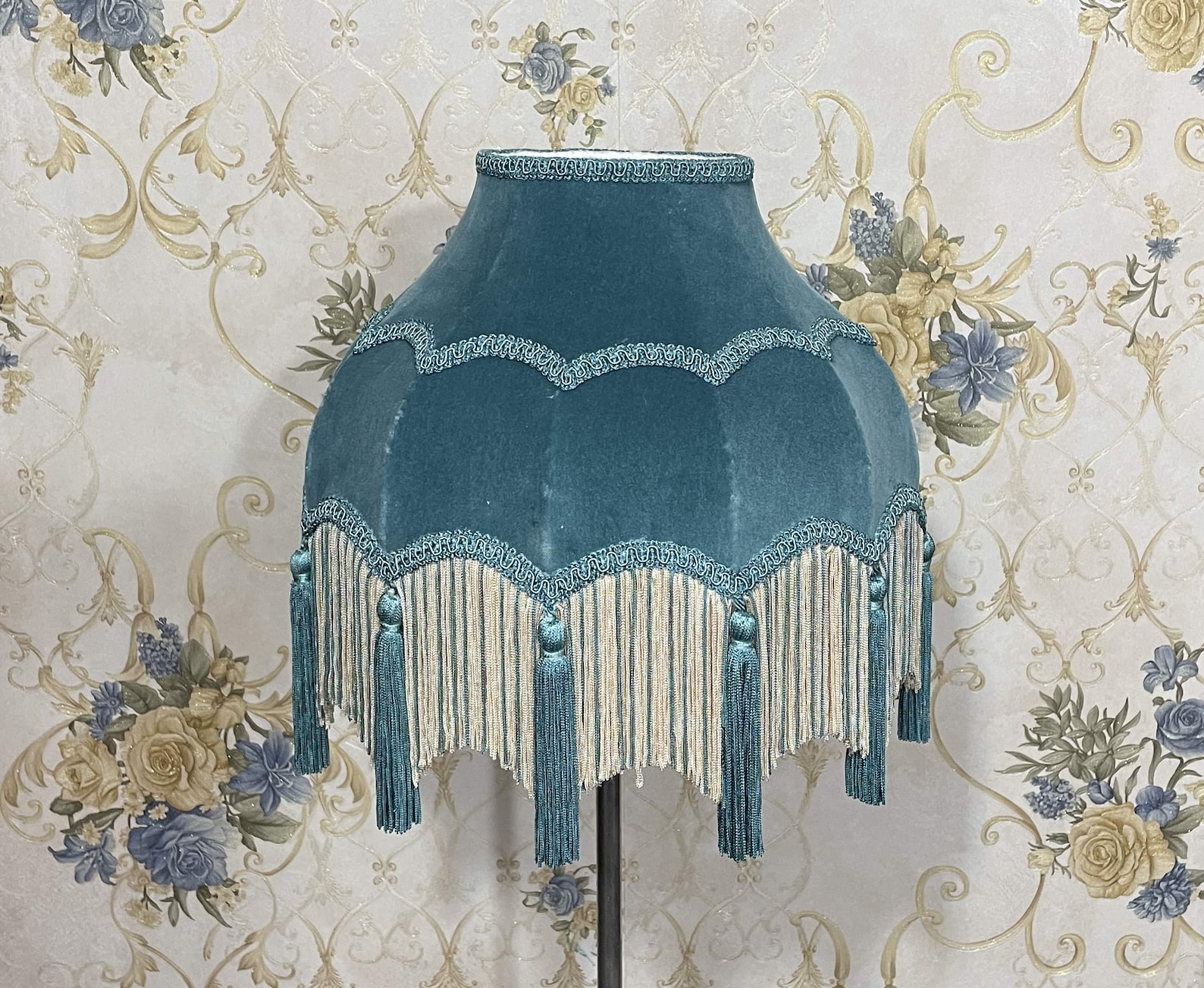 Ice Blue Velvet Lampshade: Scallop Dome With Fringe Tassels - Etsy