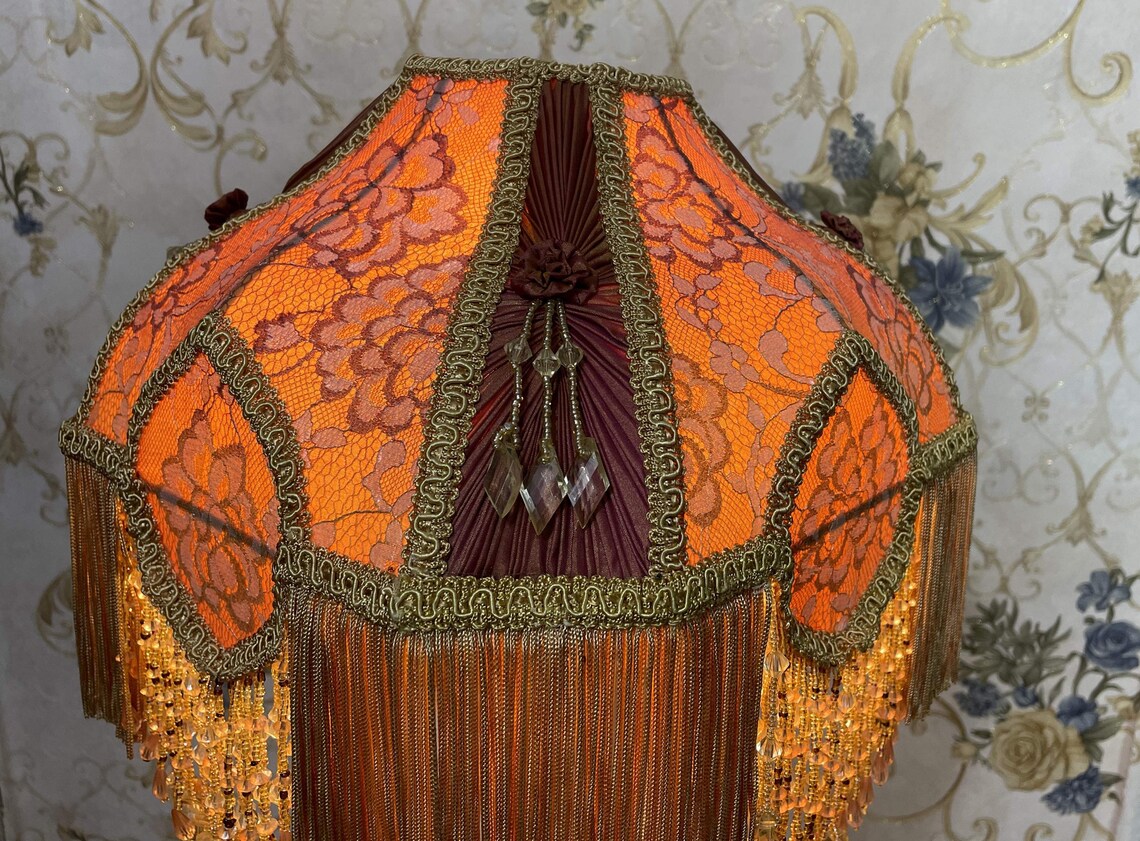 Orange Lace Lampshade: Victorian Style Silk Shade With Beaded Fringe - Etsy