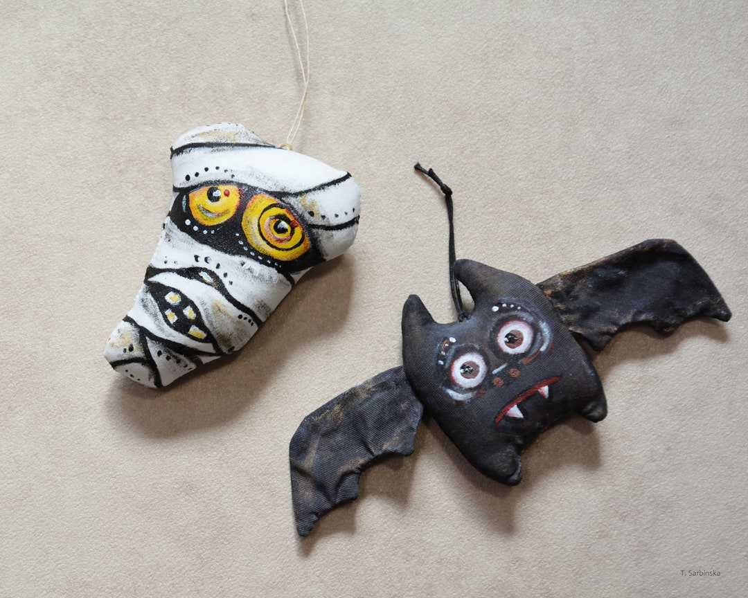 Mummy and Bat Set Halloween Squad Funny OOAK, Textile Sculpture - Etsy