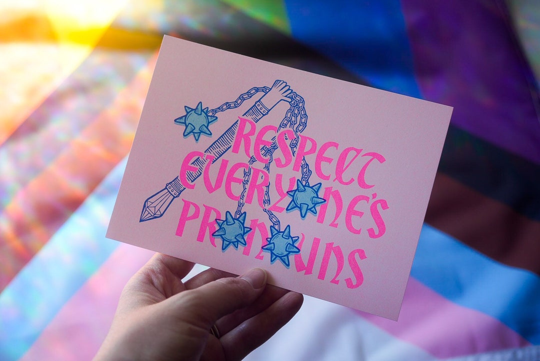 Respect Everyone's Pronouns - Medieval Flail 5x7 Trans Flag Risograph ...