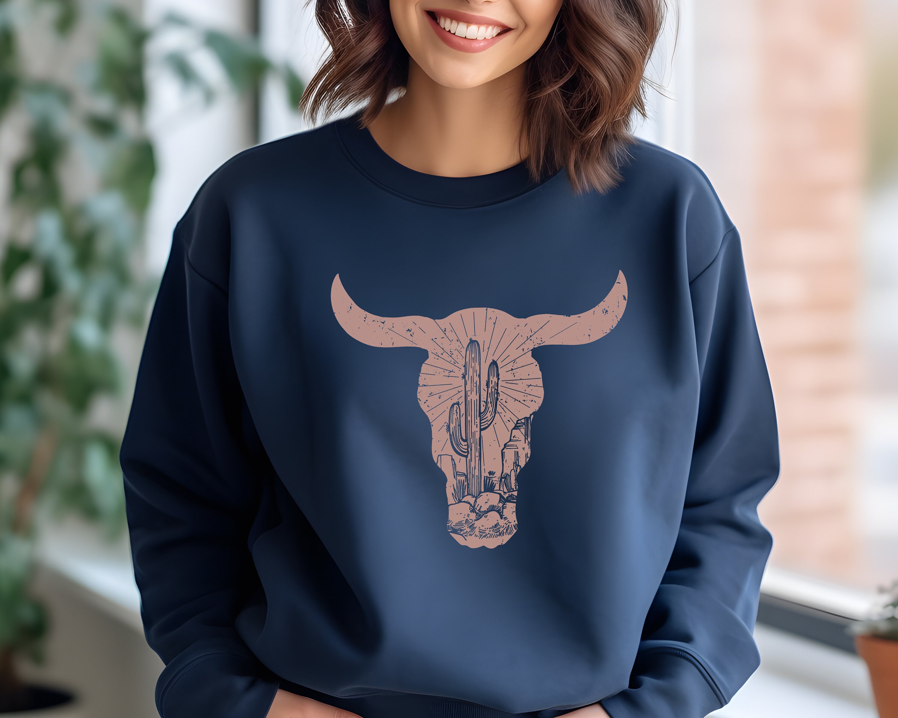 Cow Skull Desert Cactus Silhouette Sweatshirt,southwest Boho Longhorn ...