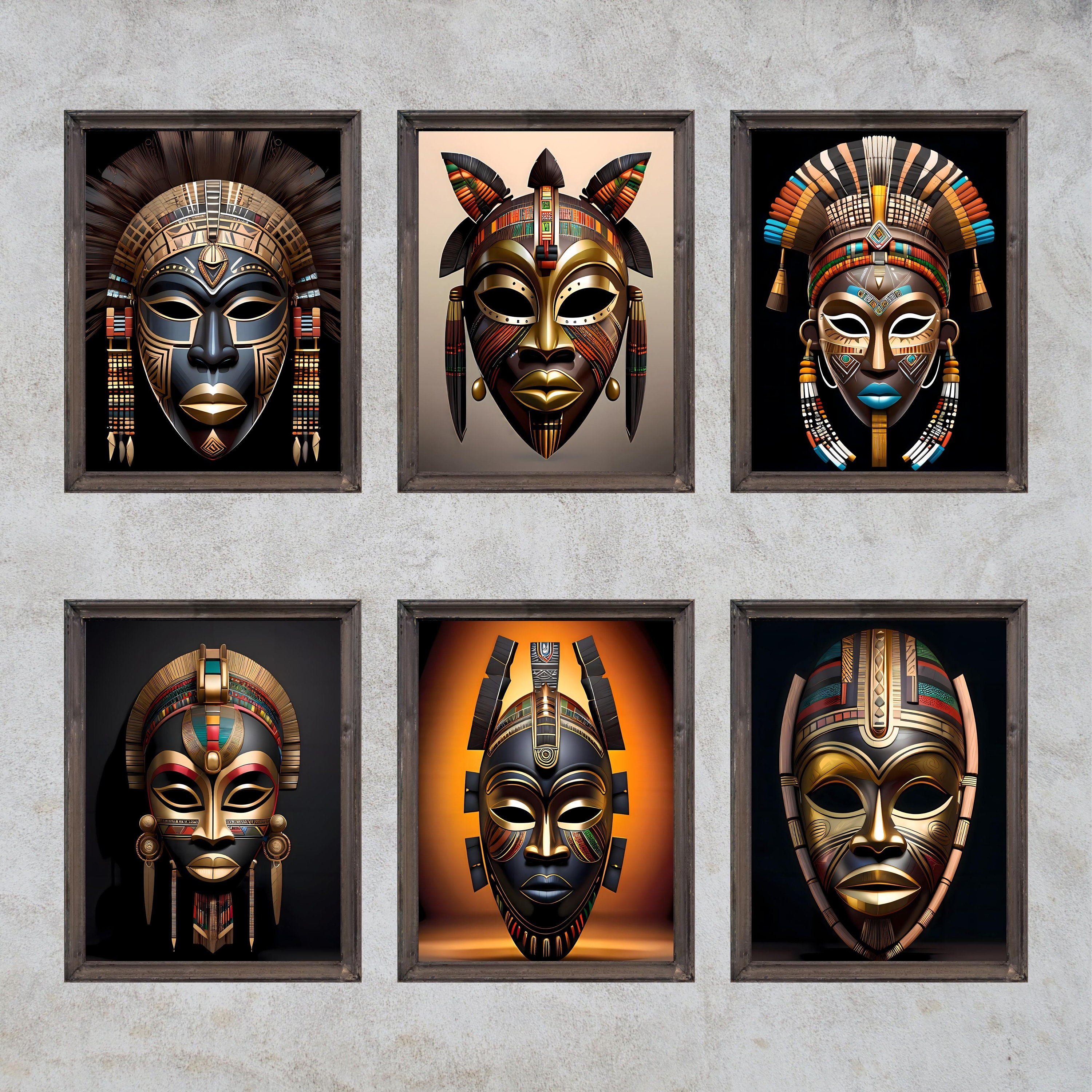 Set of 6 African Mask Printable Wall Art, Ethnic and Traditional ...