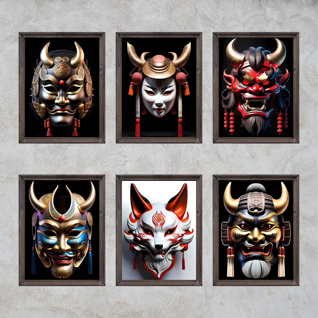 Set of 6 Japanese Mask Printable Wall Art, Ethnic and Traditional ...