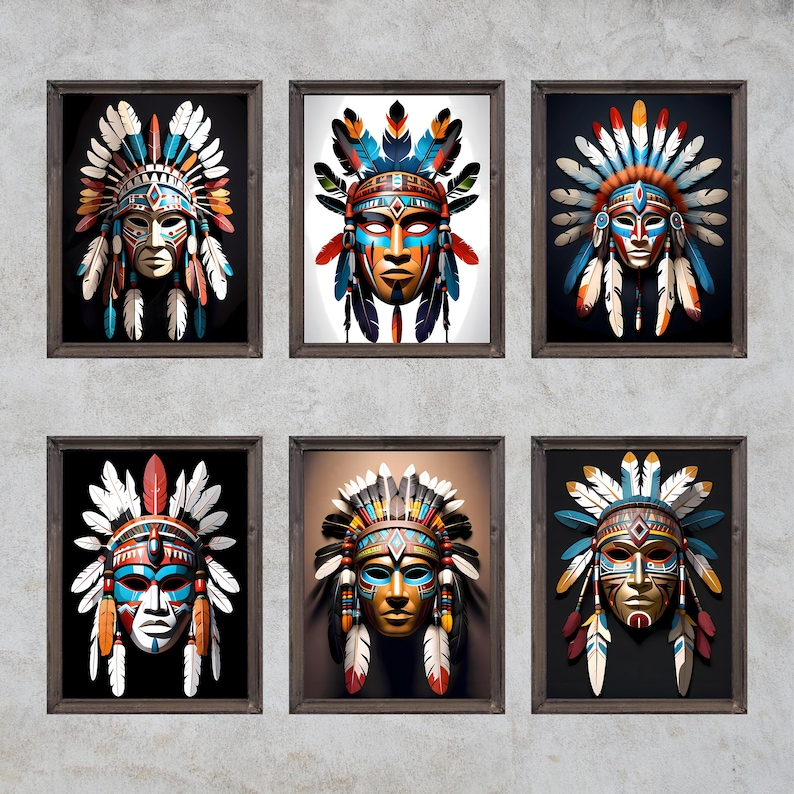 Set of 6 Native American Mask Printable Wall Art: Ethnic and ...