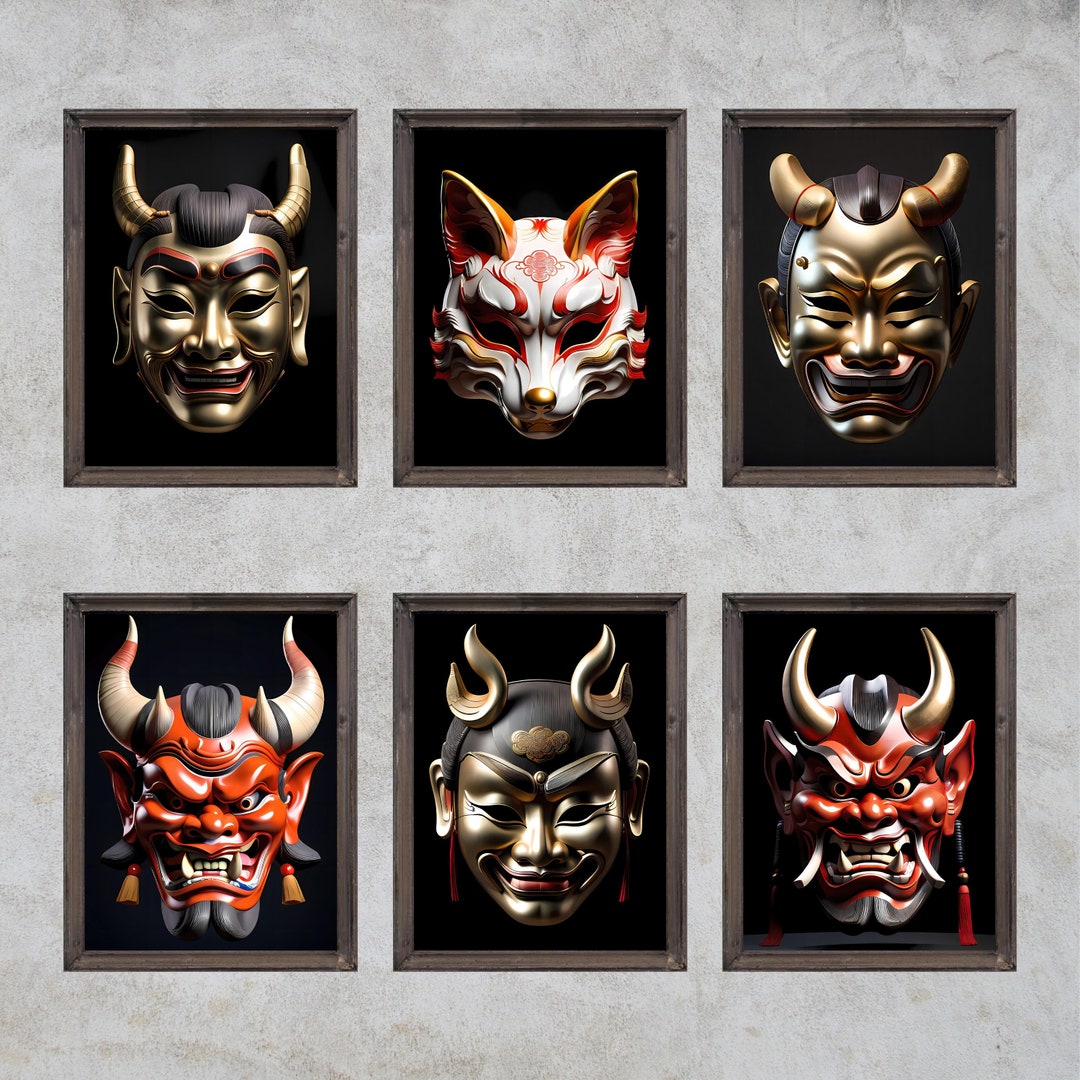 Set of 6 Japanese Mask Printable Wall Art, Ethnic and Traditional ...