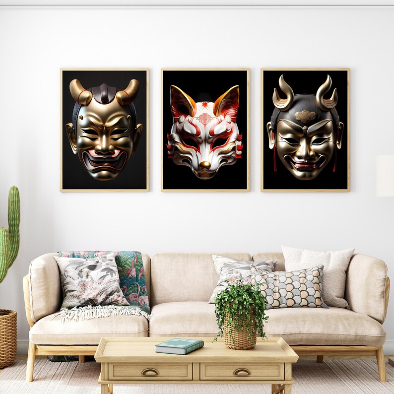 Set of 6 Japanese Mask Printable Wall Art, Ethnic and Traditional ...