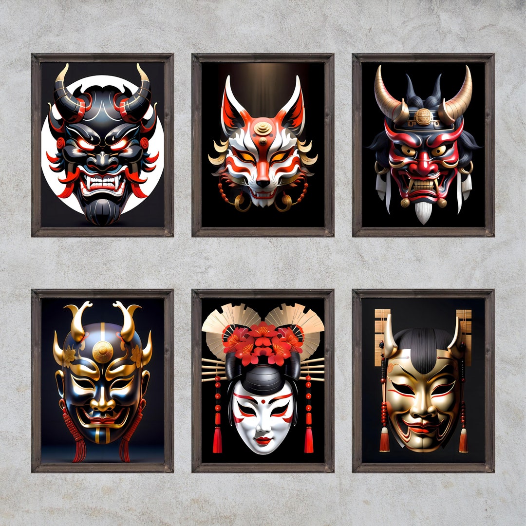 Set of 6 Japanese Mask Printable Wall Art, Ethnic and Traditional ...