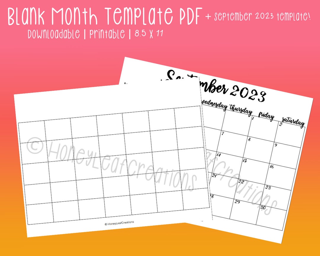 Blank Monthly Calendar Template Downloadable & Printable PDF - Etsy