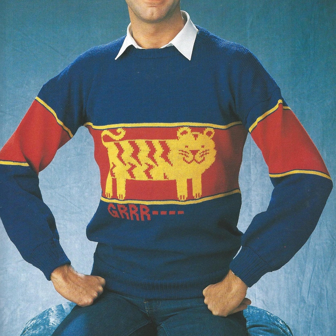 KNITTING PATTERN Knit Sweater Striped Tiger Intarsia Diagram Red Cat ...