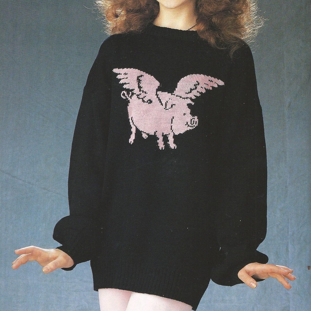 Vintage 80s KNITTING PATTERN Knit Sweater Intarsia Pigs Piggy Wings ...