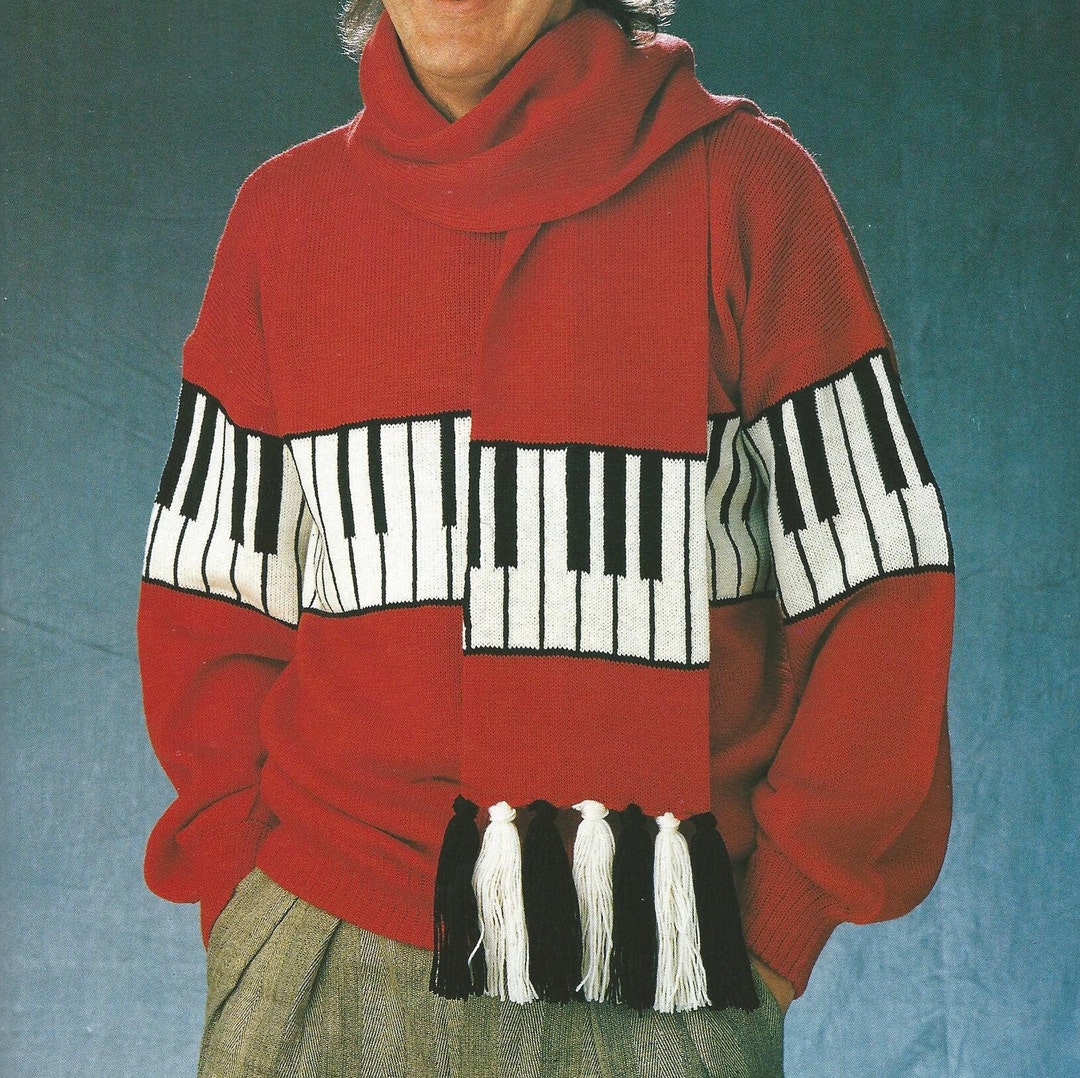 PDF KNITTING PATTERN Knit Wool Piano Sweater & Fringe Scarf Intarsia ...