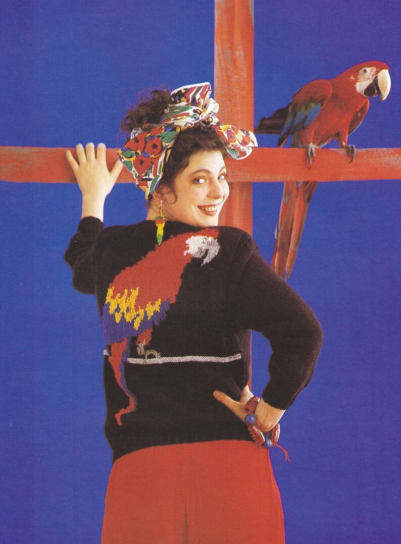 Knit Funny Sweater PDF KNITTING PATTERN 80s Intarsia Parrot Scarlet ...
