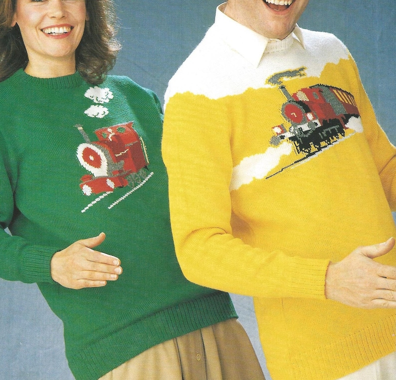 Vintage 80s KNITTING PATTERN Knit Sweater Puffing Train Intarsia Funny ...