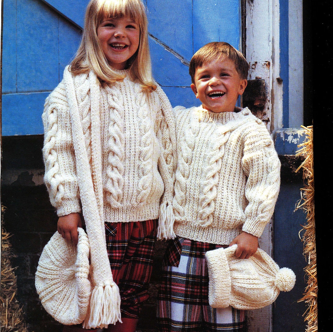 4 Knitting PATTERNS Kids Aran Sweater Beret Hat Scarf Childs Cabled ...