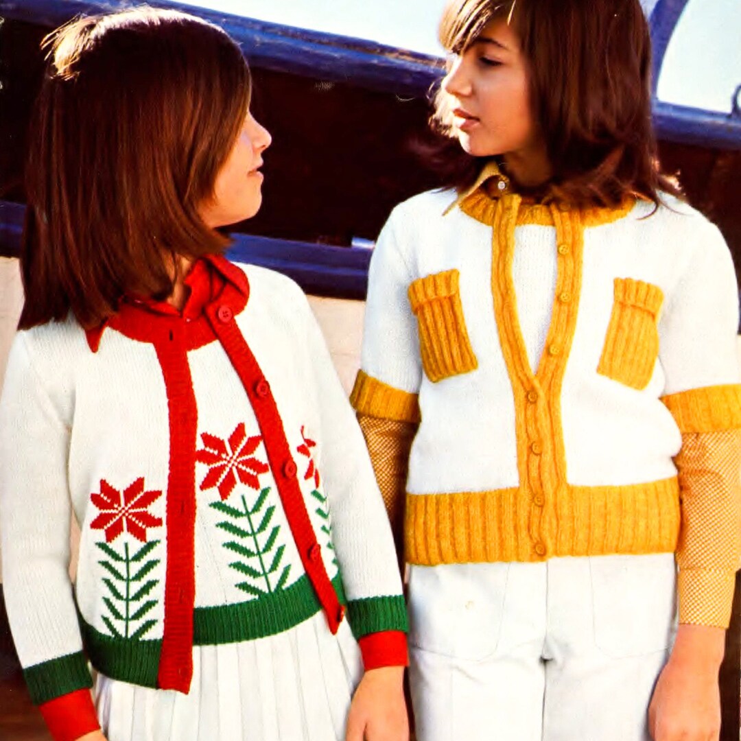 2 Girls Twin Sets Knitting Pattern - Vintage 70s Floral Jacquard ...